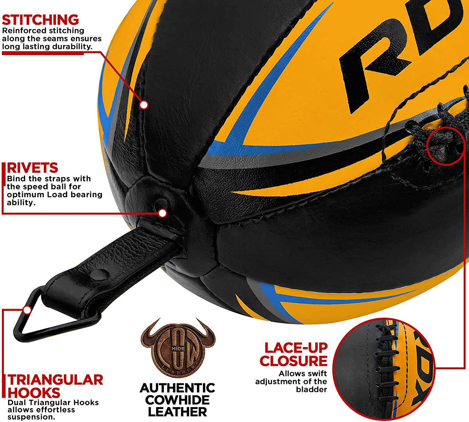 RDX Double End Speed Ball Leather Boxing Double End Speed Ball Bag MMA Double End Dodge Ball Punching Training Floor to Ceiling Rope Workout (Golden)