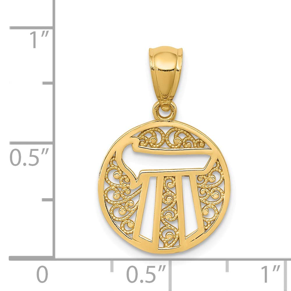 Solid 14k Yellow Gold Filigree Circle Chai Pendant Charm - 21mm x 14mm