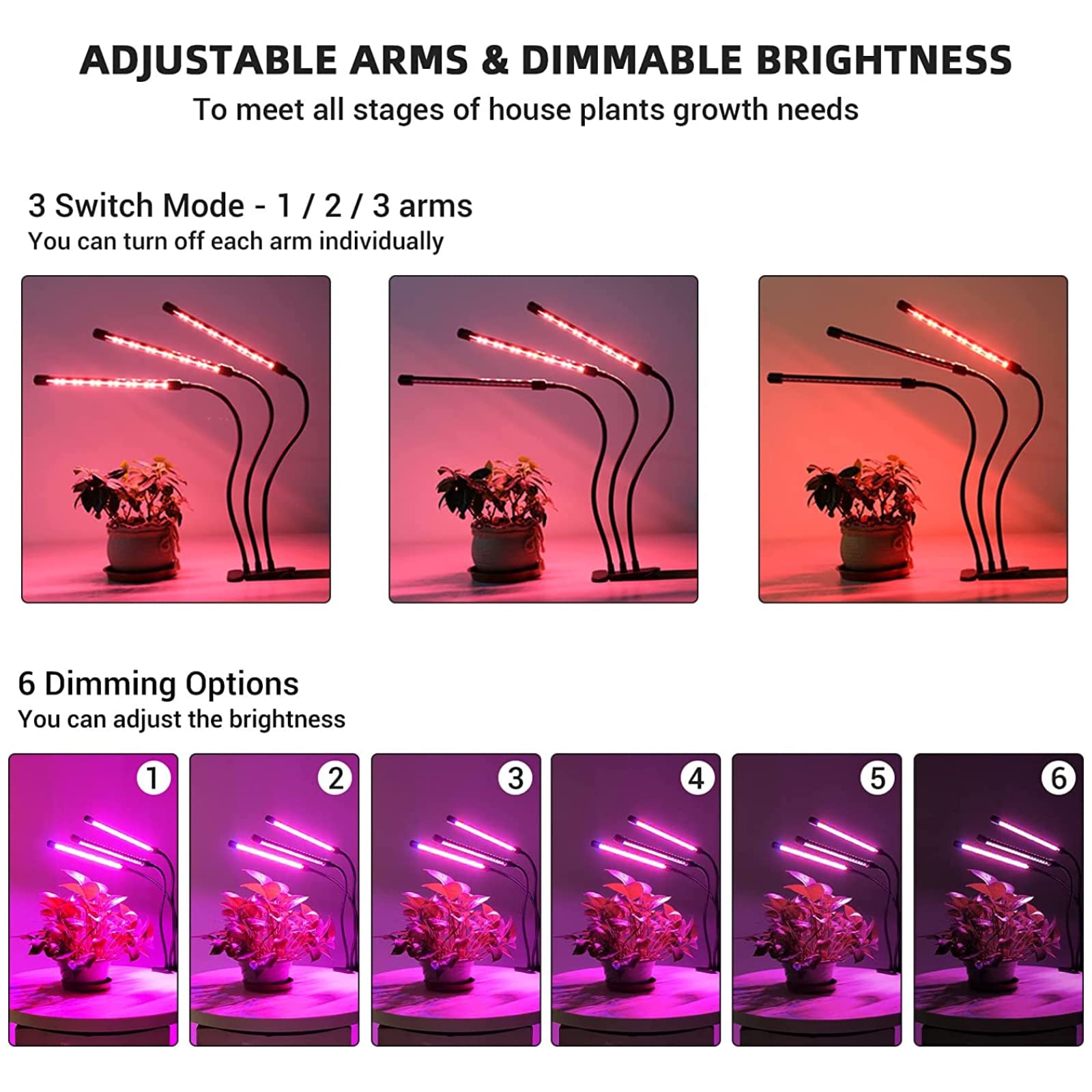 yoyomax LED Grow Light, Full Spectrum Clip Plant Growing Lamp with Red Blue LEDs for Indoor Plants, 6-Level Dimmable, Auto On Off Timing 3 6 12Hrs