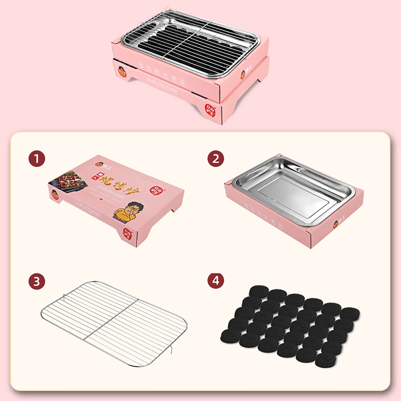 Portable and Compact Disposable Charcoal Grill - Detachable Stainless Steel BBQ Smoker Grill for Outdoor Camping(Pink)