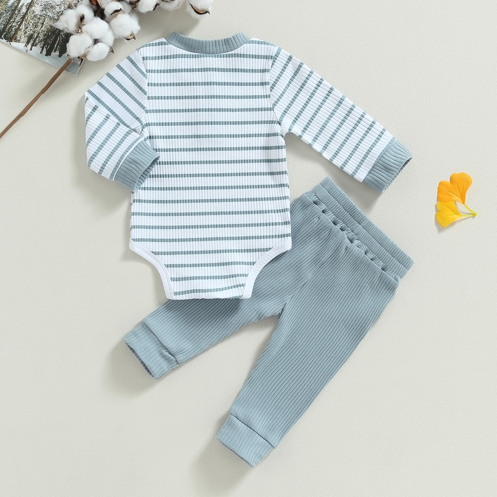 Newborn Baby Boy Girl Clothes Ribbed Knitted Long Sleeve Romper Pants Solid Cotton Infant Fall Winter Outfits 2Pcs (Striped Blue, 0-3 Months)