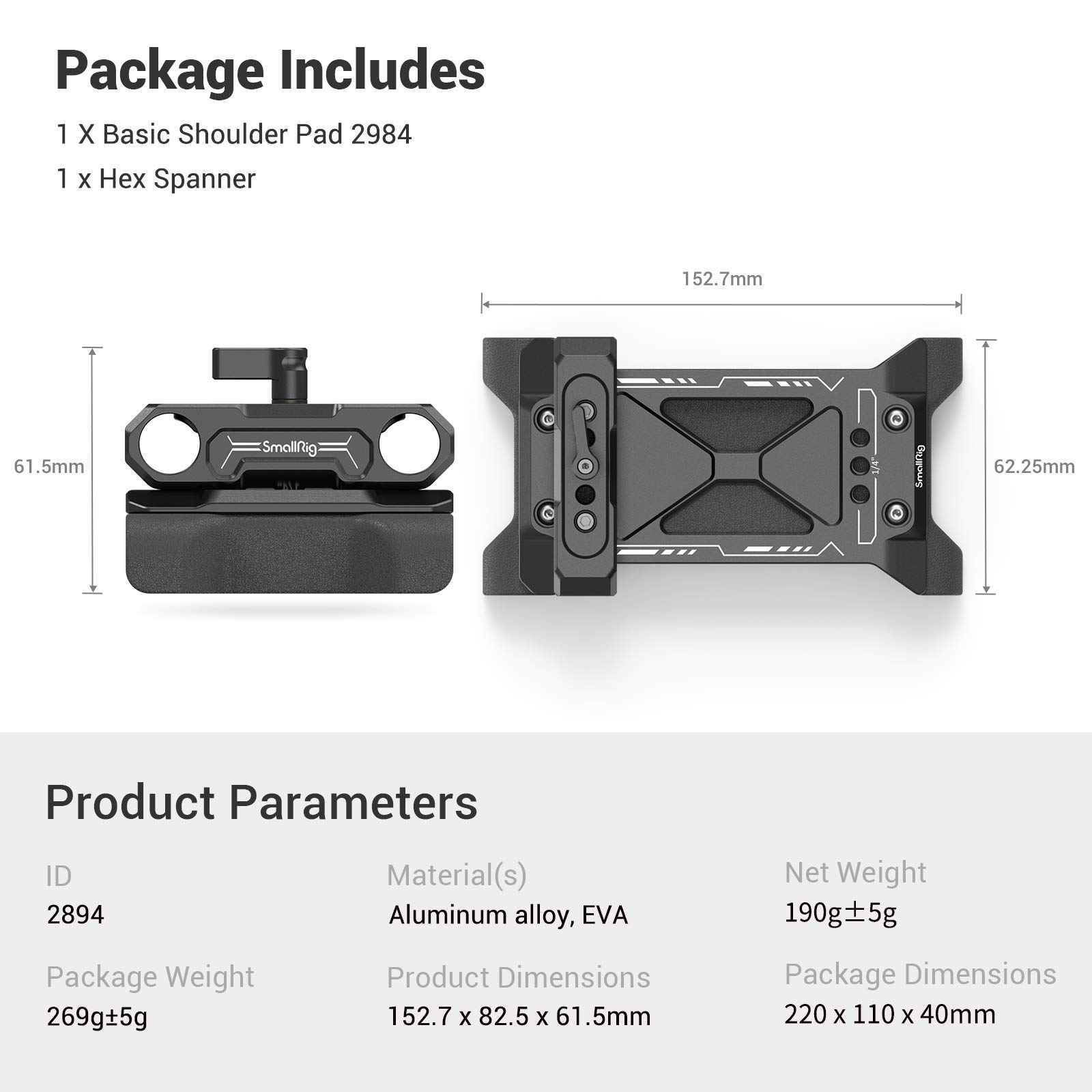 SMALLRIG Universal Basic Camera Shoulder Pad with 15mm LWS Rod Clamp for DSLR, Mirrorless, and Small Camera - 2894