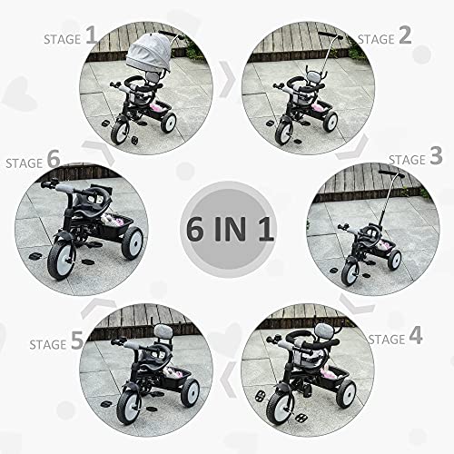 Qaba Baby Tricycle 2 in 1 Trike with Adjustable Canopy Detachable Guardrail Belt for Age 6-60 Months, Grey