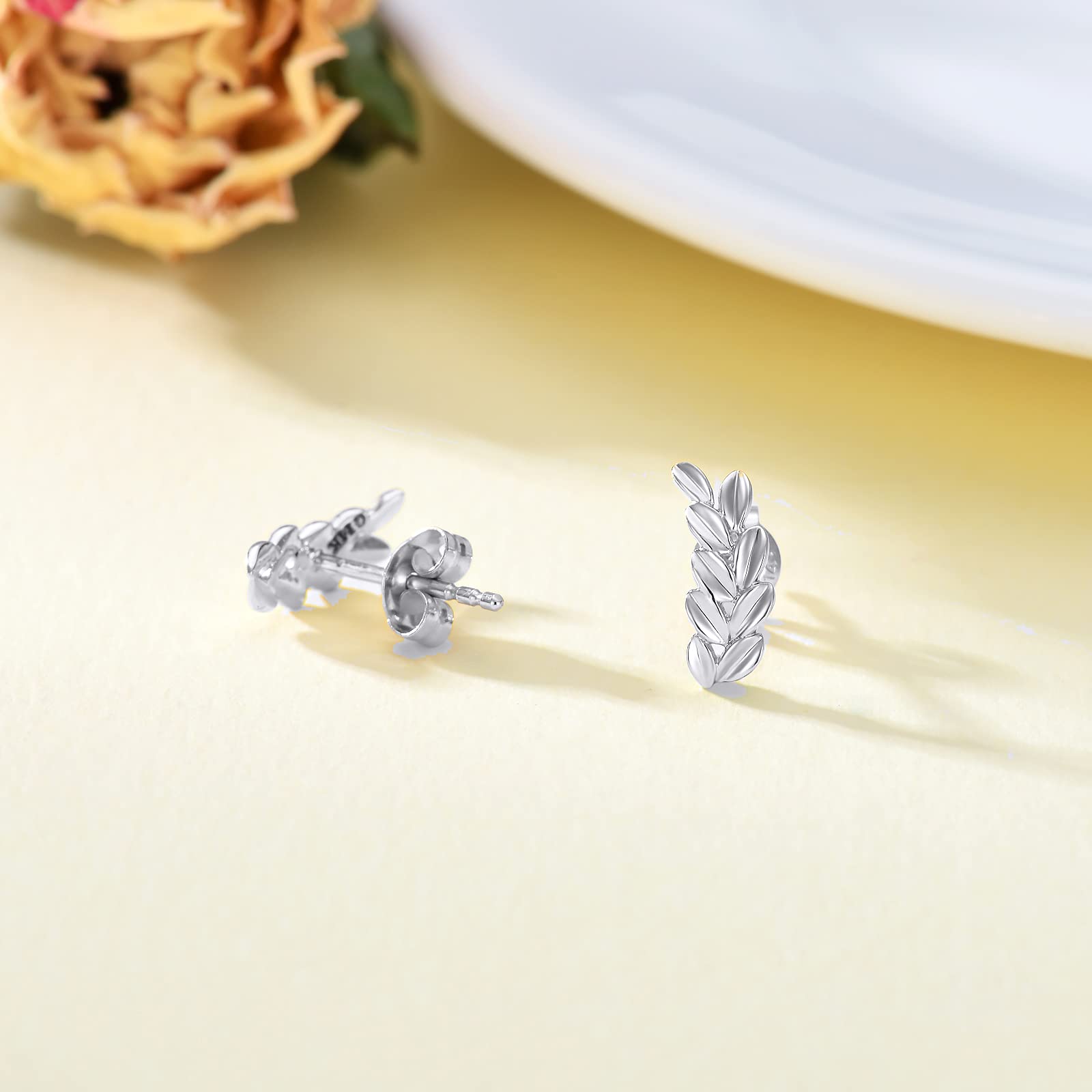 SISGEM 14k White Gold Leaf Earrings for Women, 14 Carat Gold Studs Jewelry Gifts for Her