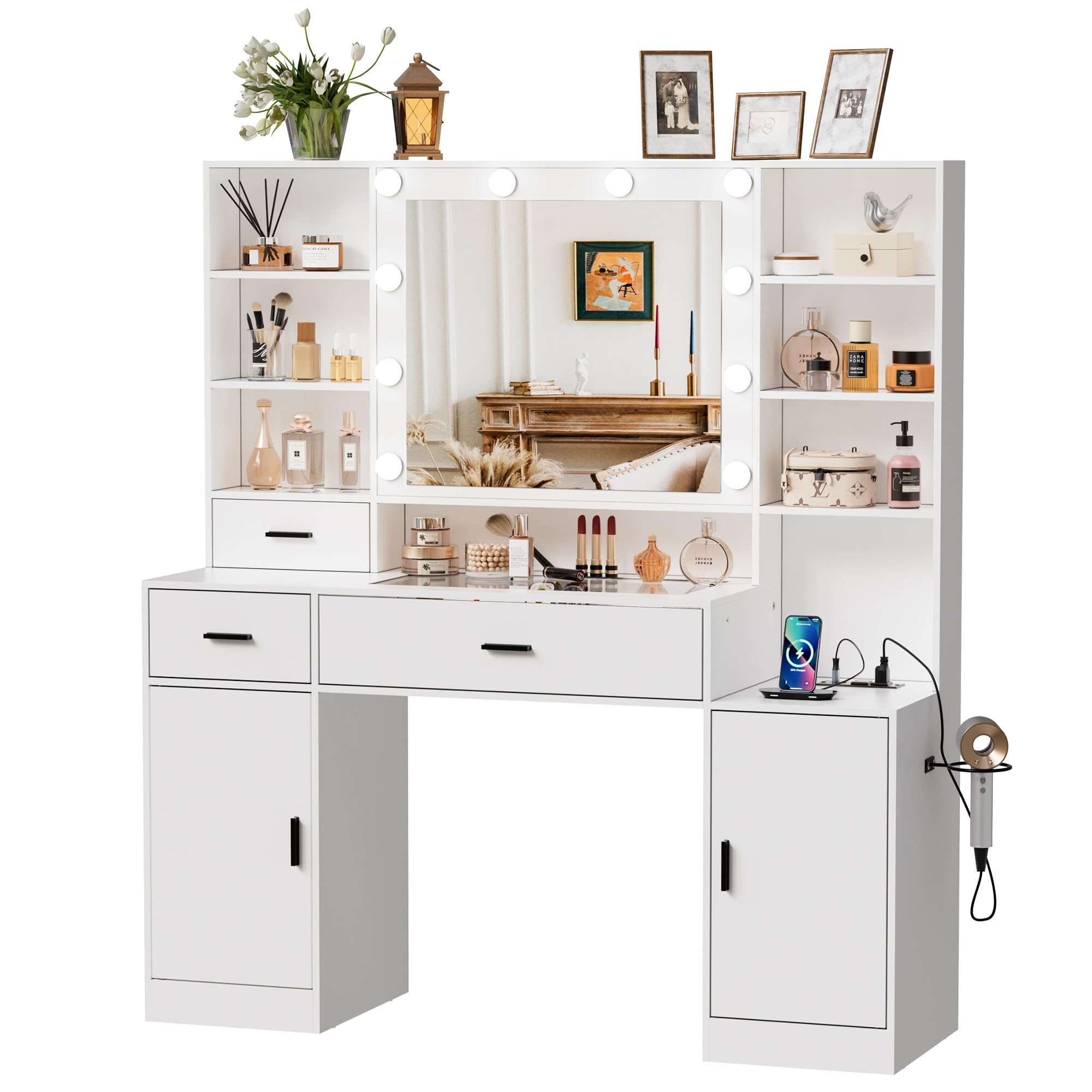 PAKASEPT Vanity Set with Lighted Mirror, Makeup Vanity with 3 Lighting Options and Charging Station, Large Vanity Desk with Storage Shelves, 5 Drawers, Glass Cabinet