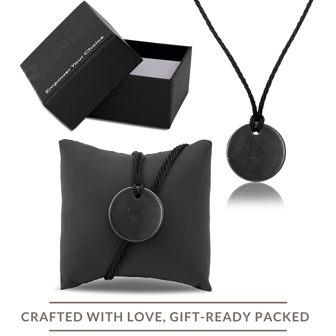 QUANTHOR Shungite Stones Protection Necklace | Authentic from Karelia Shungite Crystal with Carbon Fullerenes | Bad Energy Protection Shungite Necklace (Round)