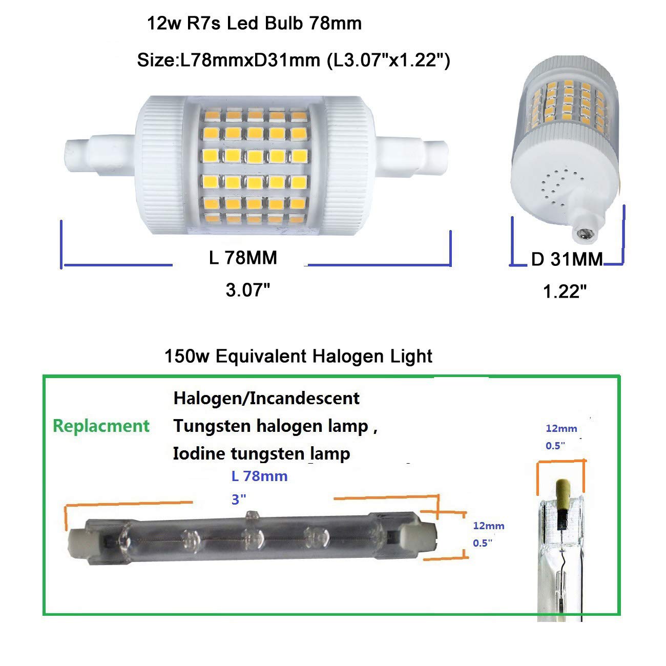 QLEE Dimmable 12w R7s Led Bulb 78mm Daylight 150w Equivalent Halogen Light 3.1" Double Ended J Base T3 R7s 150w 120v Flooding Light Reading Working Security Floor Lamp Soft Light 2PCS
