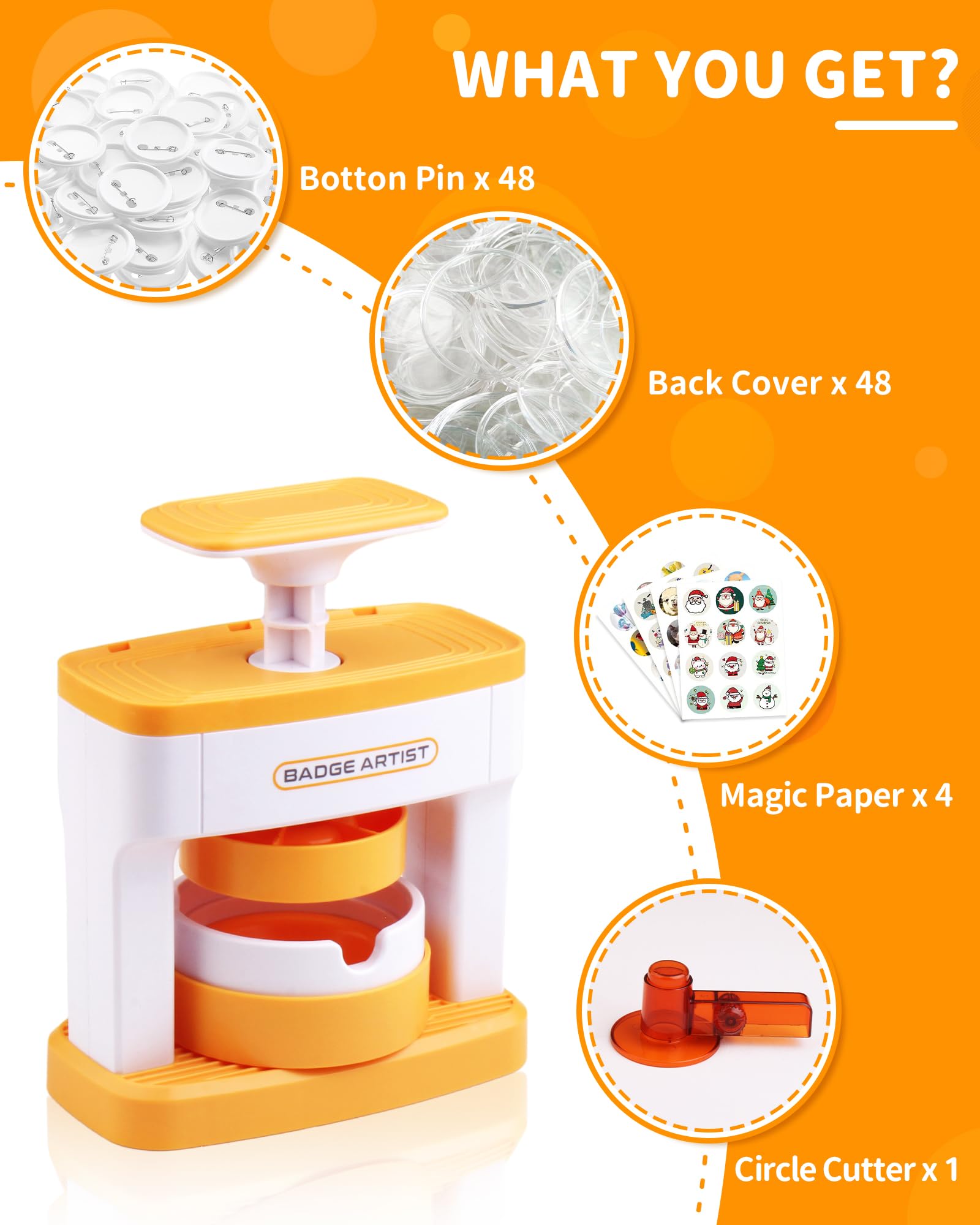 OFUN Button Maker Machine, DIY Pin Badge Button Maker Press Machine Badge Punch Press with 48pcs Button Parts & Cute Stickers & Circle Cutter,Installation-Free,Yellow