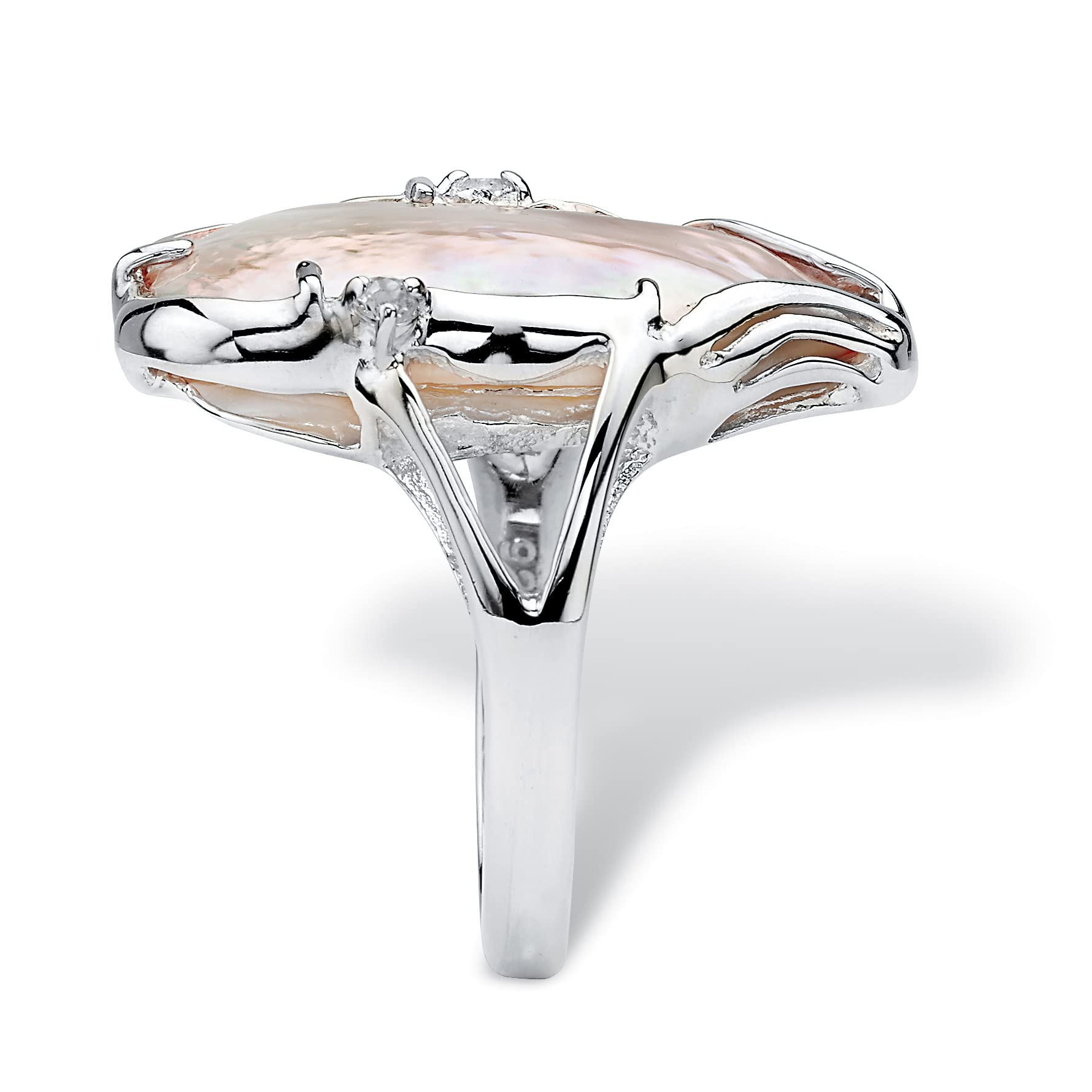 PalmBeach .925 Sterling Silver Genuine Cultured White or Mauve Pearl With Round White Topaz or Peacock Pearl With Blue Topaz Ring Size 8