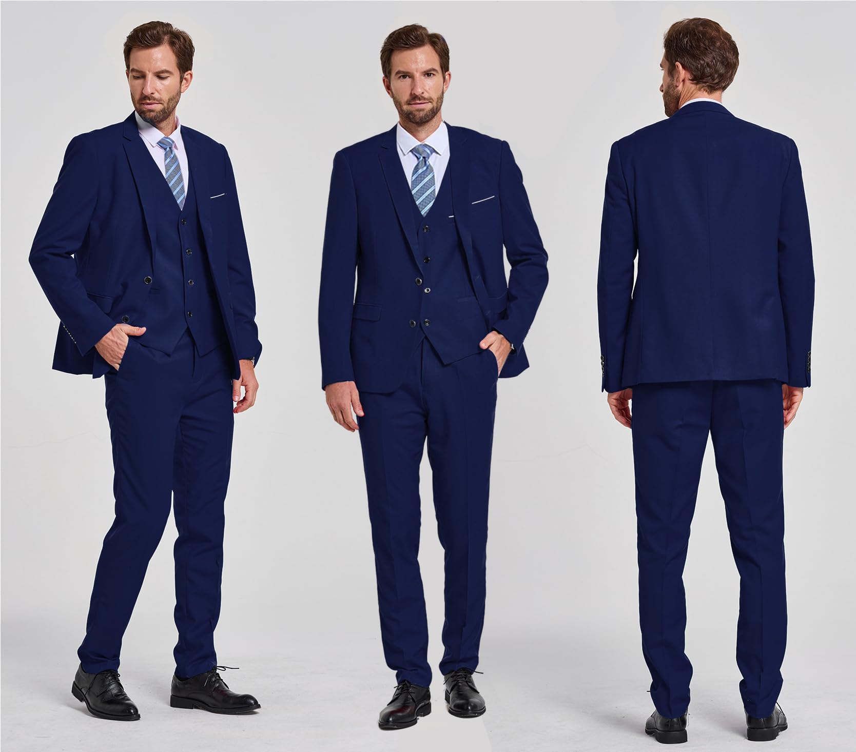 MY'S Men's 3 Piece Slim Fit Suit Set, 2 Button Blazer Jacket Vest Pants with Tie, Solid Wedding Dress Tux and Trousers Deep Blue