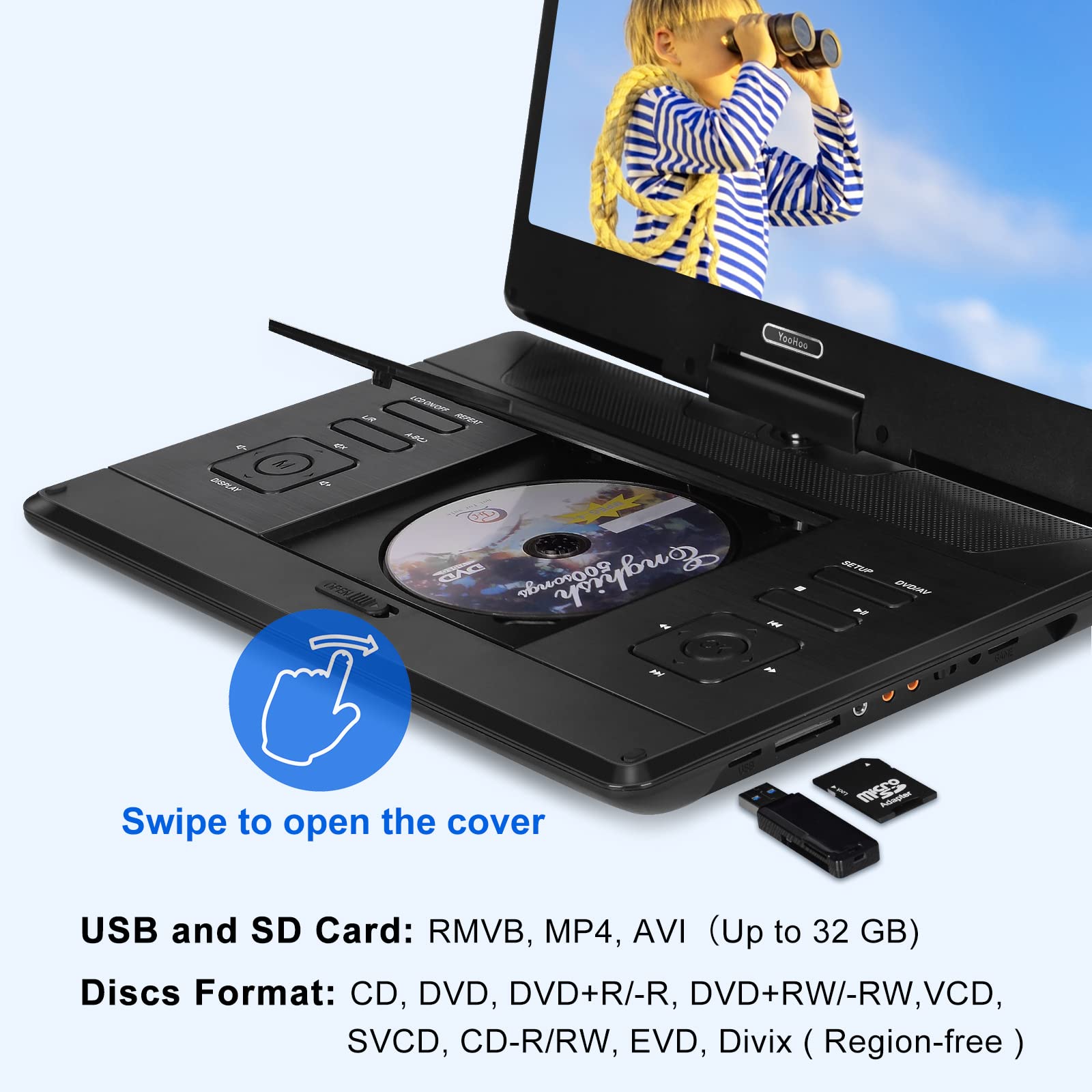 YOOHOO 16.9" Portable DVD Player with 14.1" Swivel HD Large Screen, DVD Player Portable with 6Hrs Playtime, Last Memory, Support USB/SD Card/Sync TV, Region-Free, Support Multiple Discs, Black