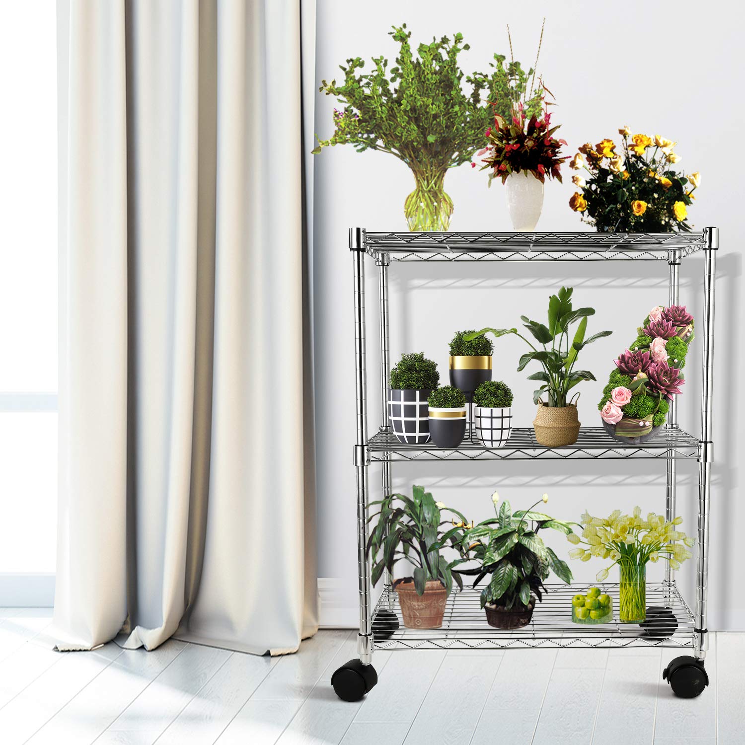 YSSOA Heavy Duty 3-Shelf Shelving with Wheels, Adjustable Storage Units 750Lb Capacity, Steel Organizer Wire Rack, 24.02โL x 13.78" W x 30โH, Chrome