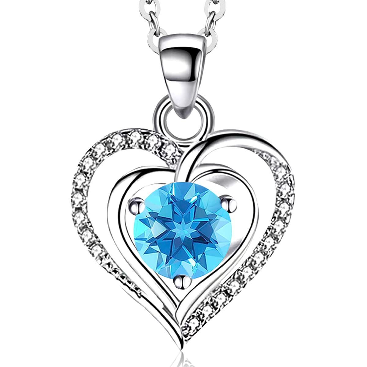 RIVIKO Heart Birthstone Pendant Necklace for Women 925 Sterling Silver Zirconia March Necklaces Christmas Valentine's Day Mothers Day Jewelry Gifts For Her Mother Wife