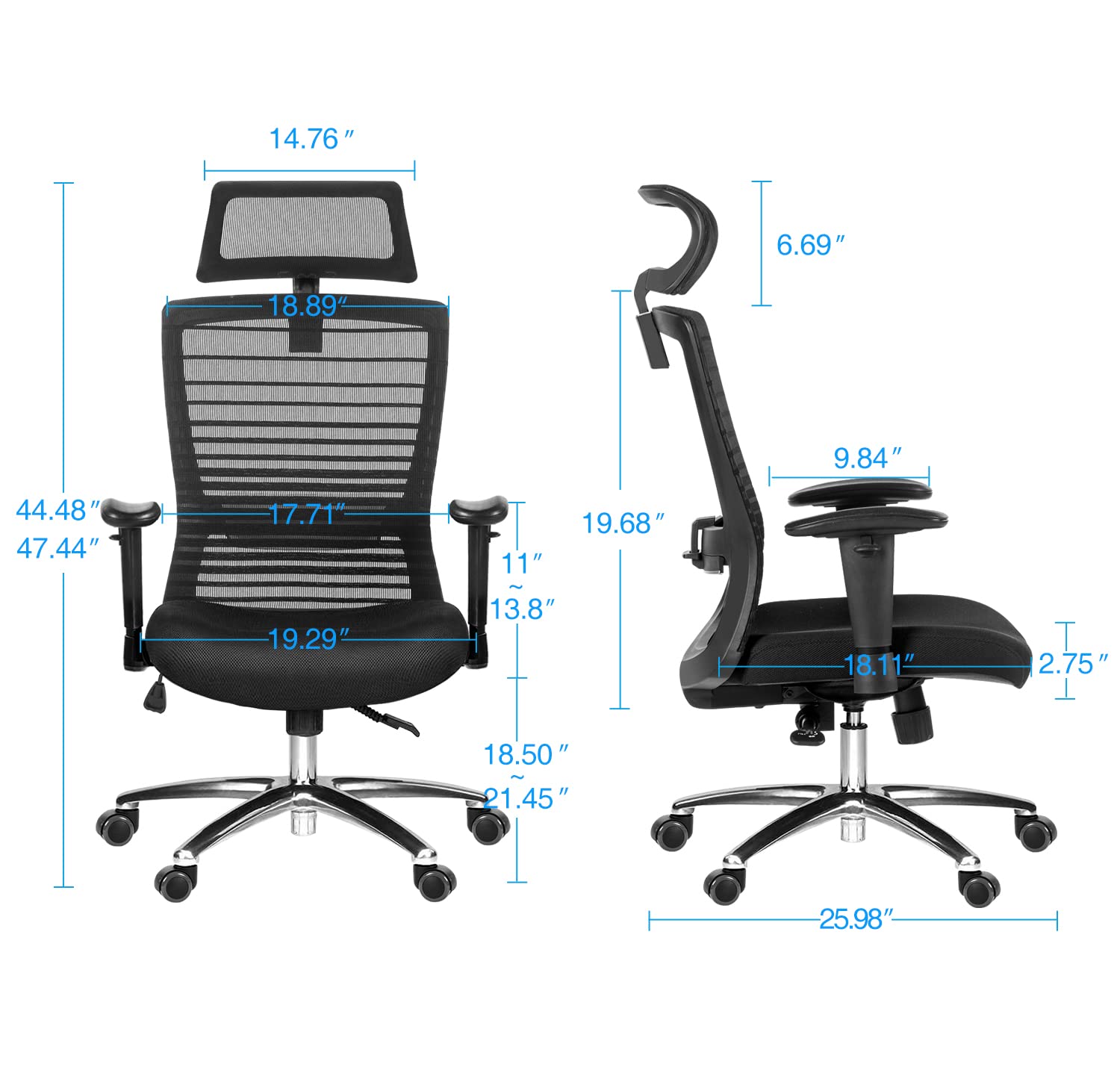 NOVELLAND Ergonomic Reclines Office Chair with Adjustable Lumbar Support and Rollerblade Wheels - High Back with Breathable Mesh - Adjustable Head & Arm Rests