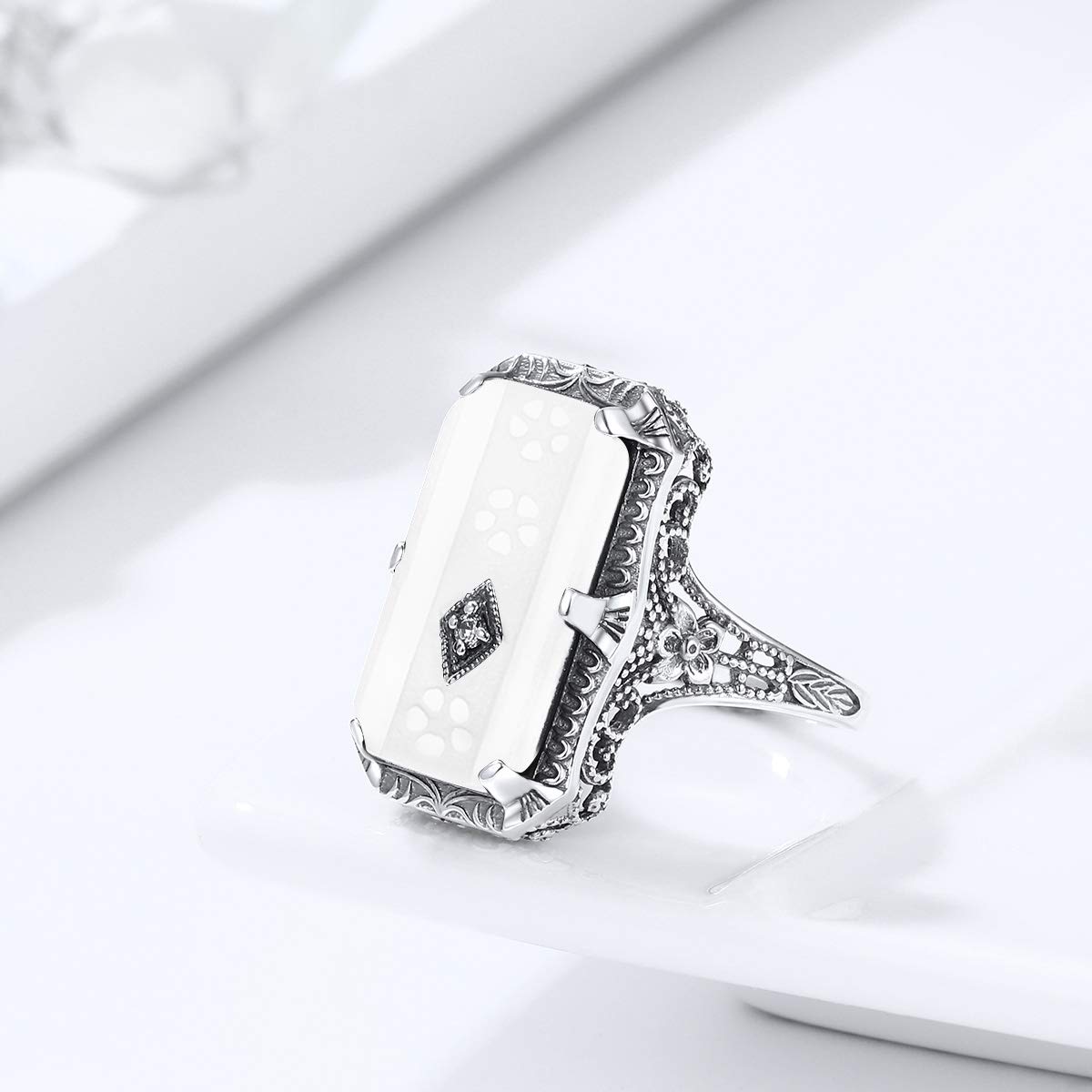 SZINAO White Glass Ring Engagement wedding ring Solid Sterling Silver/Frosted Carved Camphor Glass Edwardian Floral Filigree Ring,With A Box (SIZE 5#-10#) (White, 6)