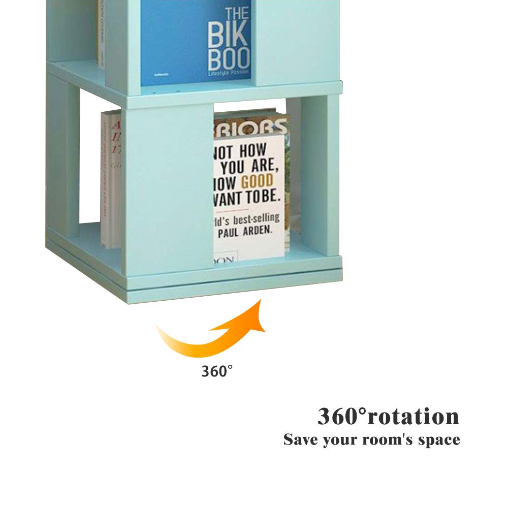 QIHANG-US 6 Tier Wooden Bookcase Corner Tall Book Shelf Modern 360° Rotating Storage Display Rack Floor Standing Shelves with Open Design Shelving Unit for Home Office Living Room Study, Blue