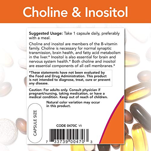 NOW Supplements, Choline & Inositol 500 mg, Healthy Nerve Transmission*, Nervous System Health*, 100 Capsules