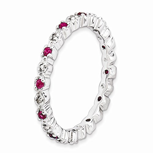 Solid 925 Sterling Silver Stackable Created Ruby and Diamond Ring Eternity Band Size 6 (.04 cttw.)