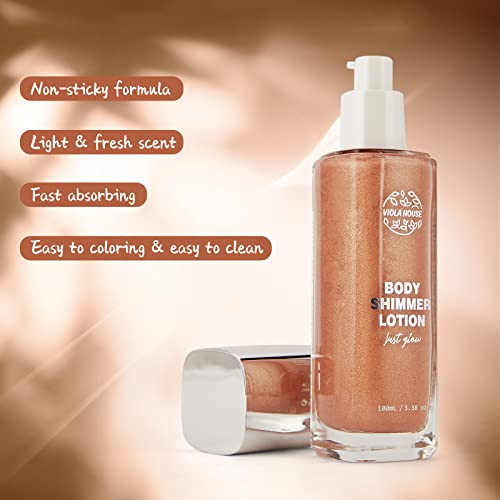 VIOLA HOUSE Body Shimmer Body Luminizer, Waterproof Moisturizing and Glow For Face & Body Liquid Highlighter, Radiance All In One Makeup Shimmer Body Lotion -100ML/3.38oz(Shallow Bronze)
