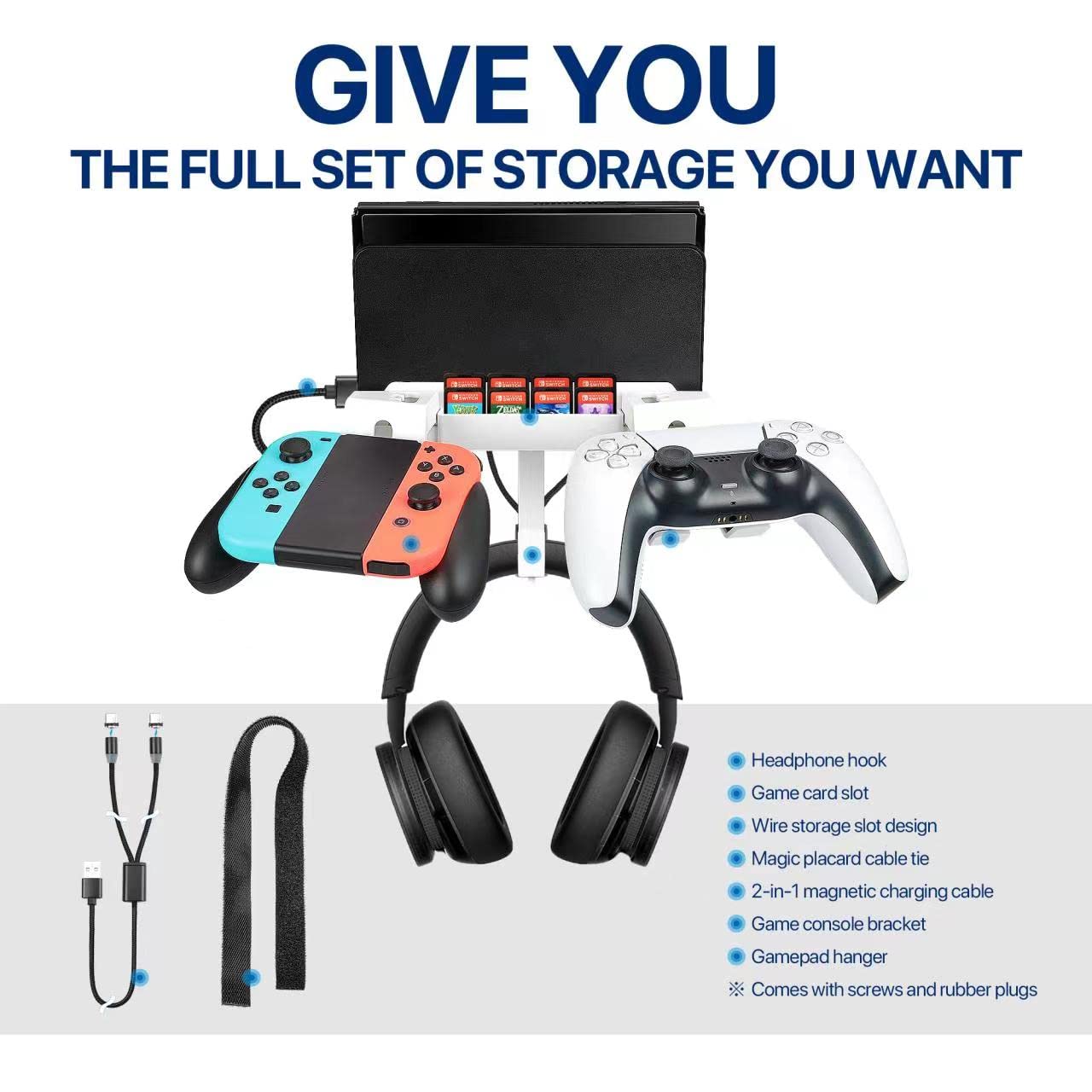 VRAKIY Wall Mount Stand Holder Bundle fot Switch OLED , Comes With 2-in-1 Charge Cable,Detachable Controller Hanger & Headphone Hook for Nintendo Switch 2021