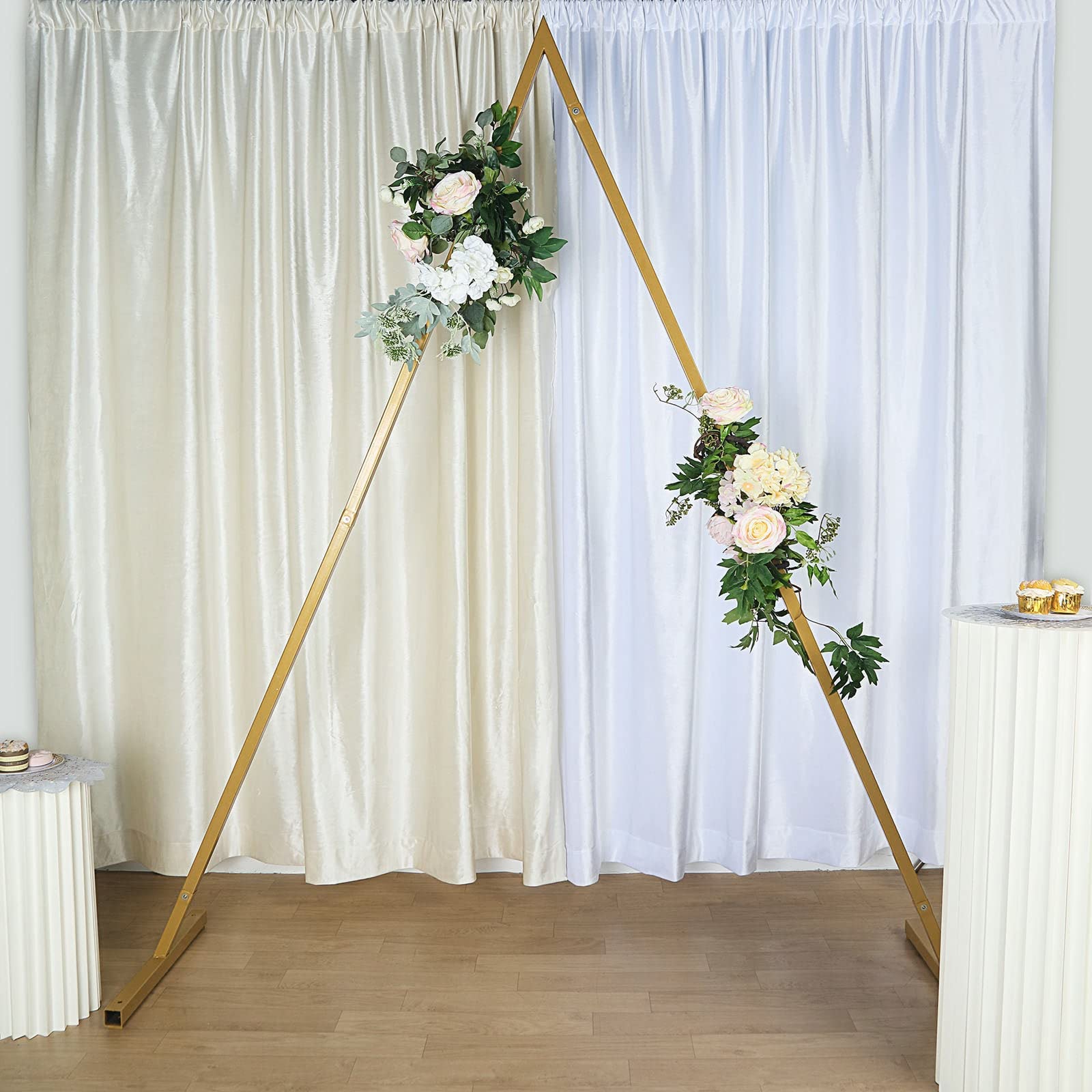 TABLECLOTHSFACTORY 8 Ft Tall - Gold Triangular Metal Wedding Arch, Photo Booth Backdrop Stand - 100 Lbs Capacity