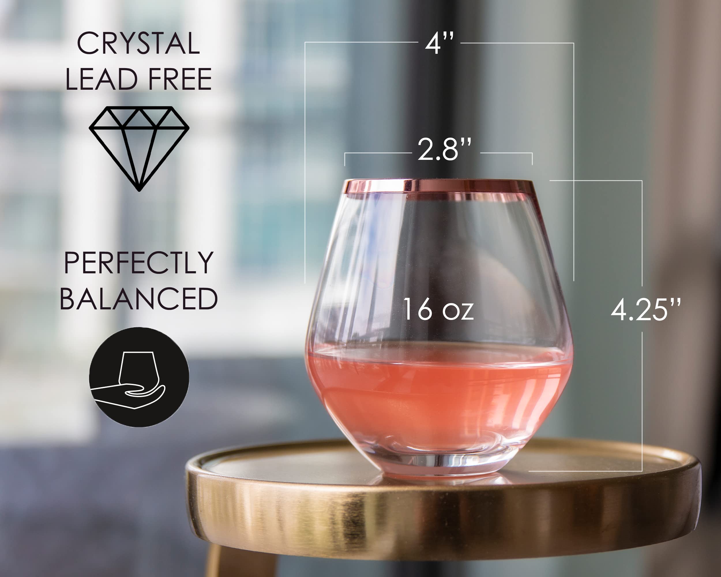 Phnx Phyr Hand Blown Crystal Rose Gold Wine Glasses set 4 - Stemless wine glass set - Stemless wine glasses - Red wine glasses set of 4 - Large white wine glass - Wedding - Gift packaging