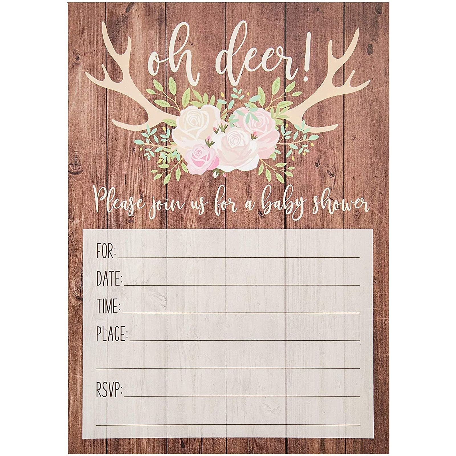 Oh Deer Rustic Woodland Baby Shower Invitations and Envelopes (36 Pack)