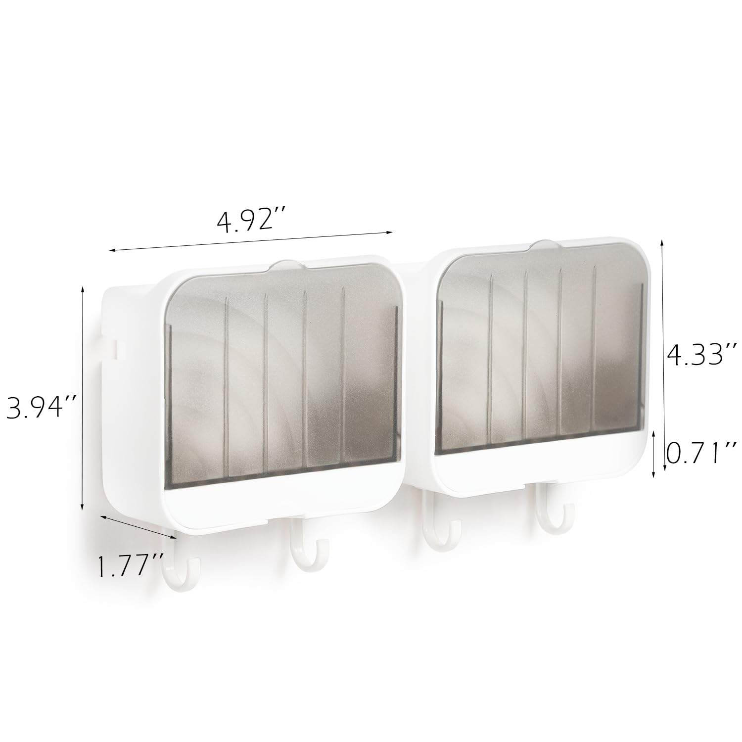 RAMFIYN White Plastic Wall Mounted Soap Saver for Shower with Hanger for Bath Ball, Adhesive Wall Mount Self Draining Soap Dish for Bathroom Flip-top Soap Box