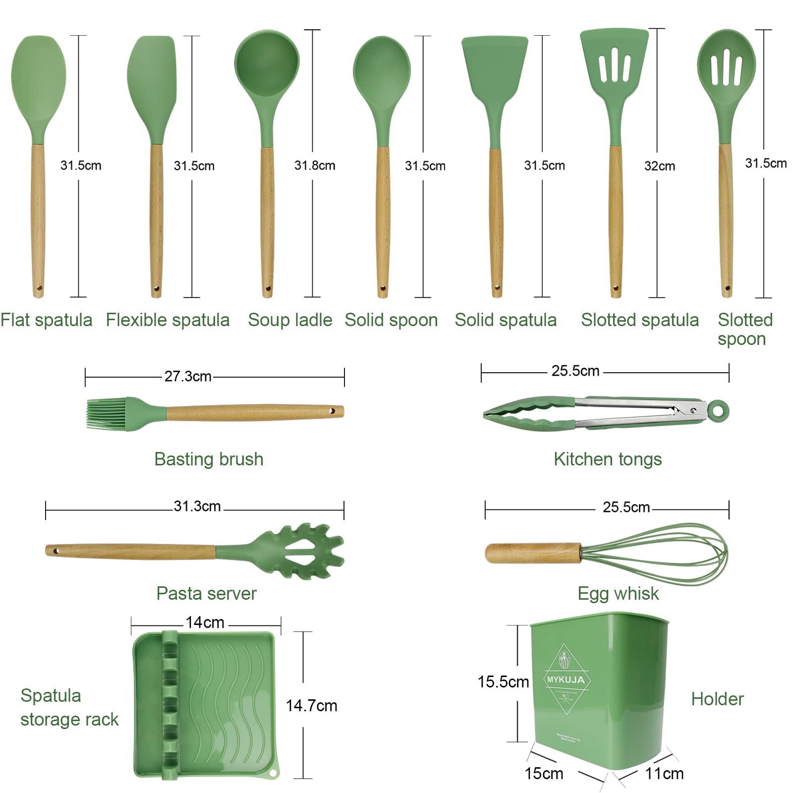 MYKUJA Green Kitchen Utensils Set for Cooking-Heat Resistant Kitchen Silicone Set Cooking Utensils Set for Non-Stick Utensils Set 13 Pieces Kitchen Tools(Avocado green)