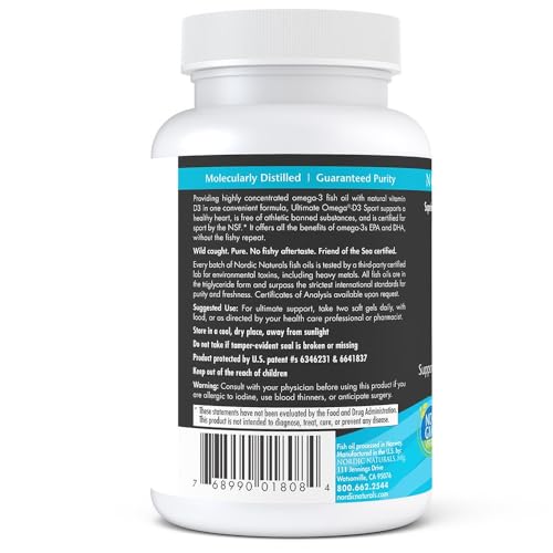 Nordic Naturals Ultimate Omega-D3 Sport, Lemon - 60 Soft Gels - 1480 mg Omega-3 + 1000 IU Vitamin D3 - NSF Certified - Supports Muscle, Bones, Focus & Endurance - 30 Servings