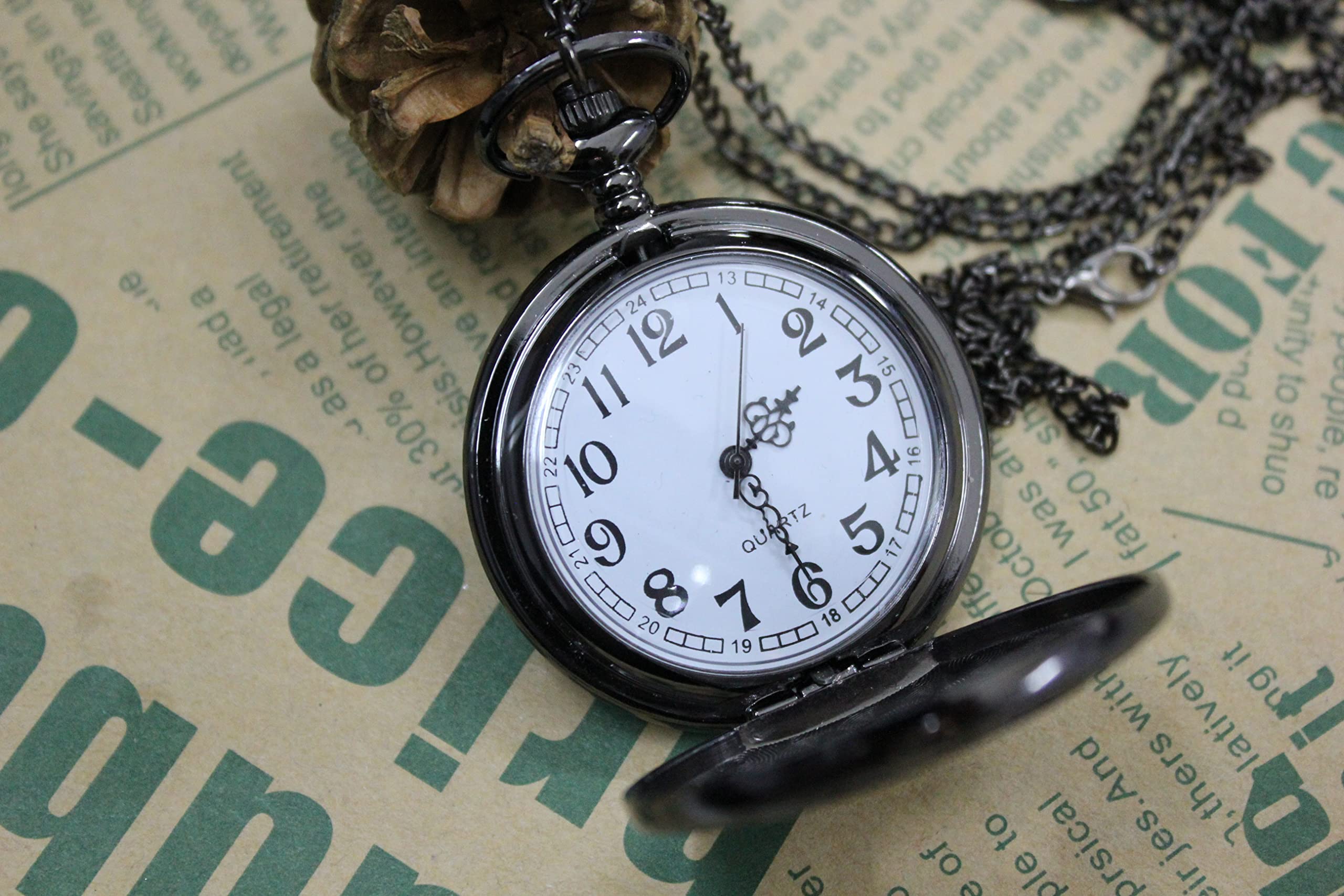 TARAKI Gun Black Pentagram Pocket Watch, Wicca Watch,Pentagram Watch Necklace