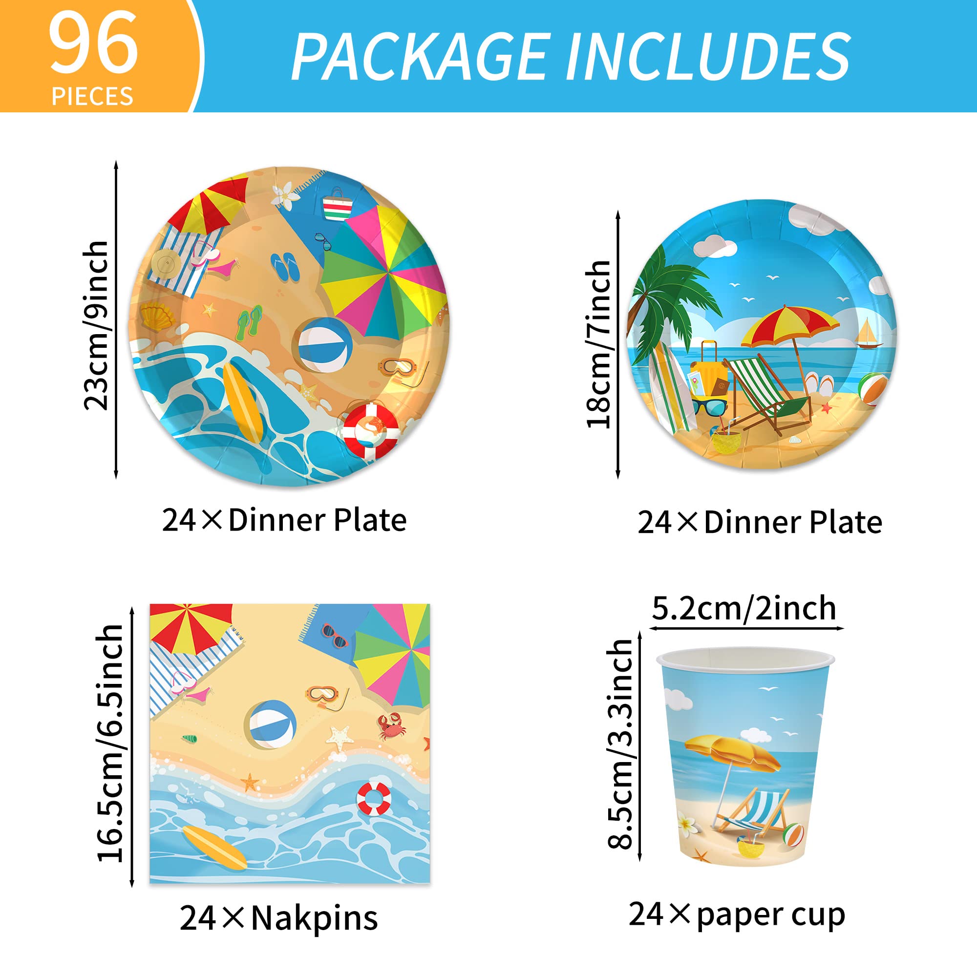 Oigco 96PCS Beach Party Supplies Summer Pool Plates Napkins Cups Tableware Set for Beach Birthday Party Decorations 24 Guests