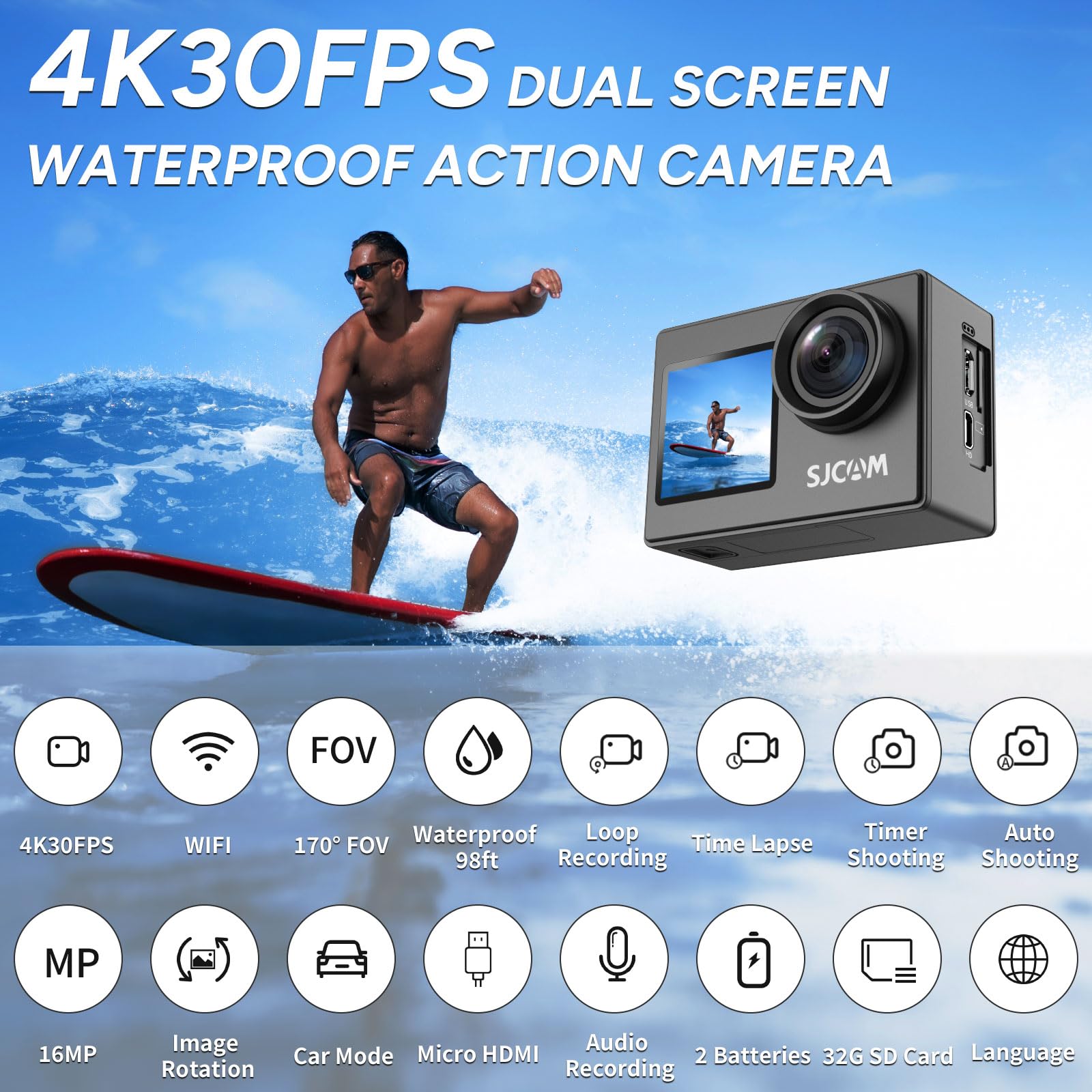 SJCAM SJ6K 4K WiFi Action Camera Waterproof Dual Screen Sport Camera Underwater 2.0 Touchscreen/ 0.9 Front LCD Screen Wide Angel Gyro Stabilization Black