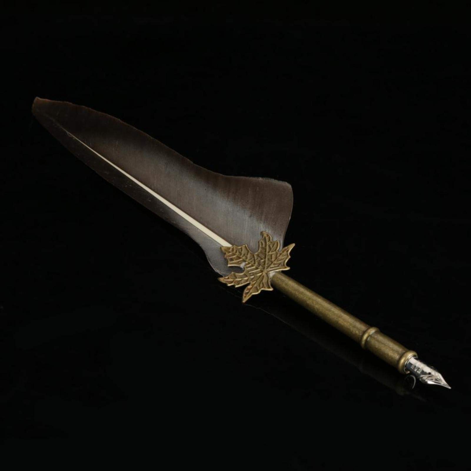 Quill Feather Pen with 5 Steel Replacement Nibs and Dip Ink Bottle in Vintage Gift Box for Antique Calligraphy (Gray)