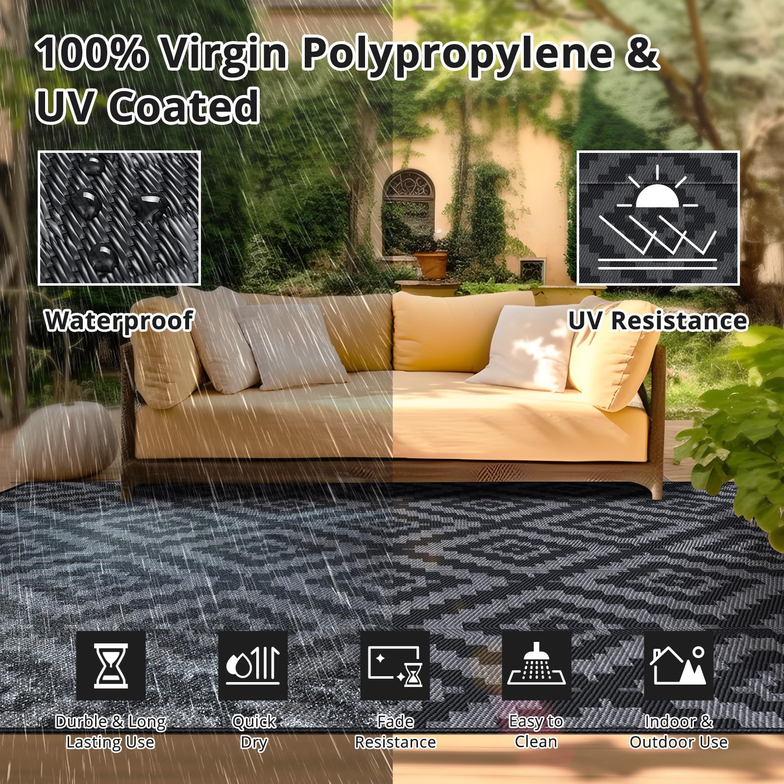 Outdoor Camping Rug Waterproof 6x9FT, Large Reversible Stain&UV Resistant Plastic Straw RV Rug for Outside Patio Pool Deck Beach Indoor, Area Carpet Mat with Portable Bag&4 Stakes-Black Grey Rhombus