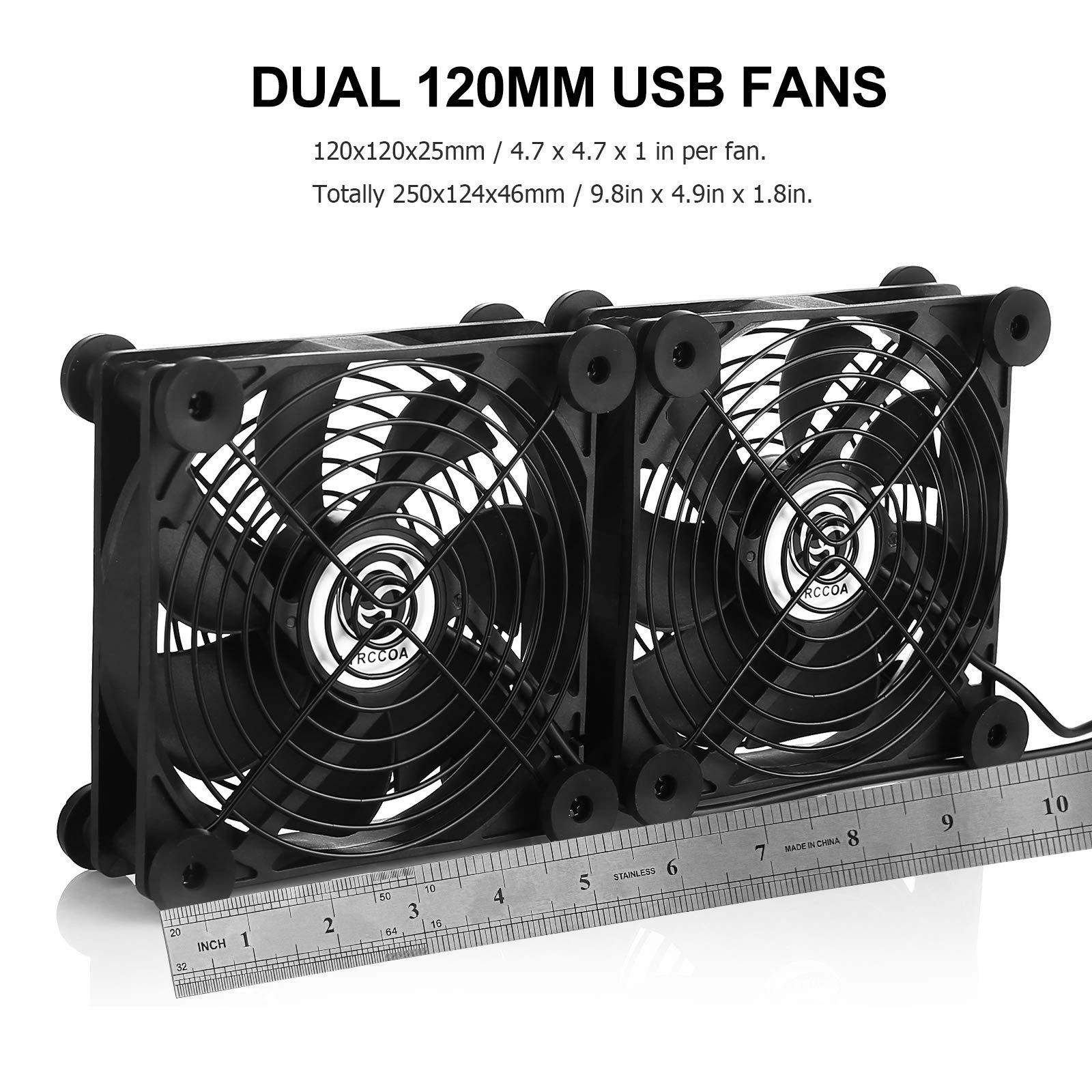 Qirssyn Quiet Dual 120mm USB Fan with Speed Controller, Dual Ball Bearing for Receiver DVR Playstation Xbox Computer Cabinet Cooling
