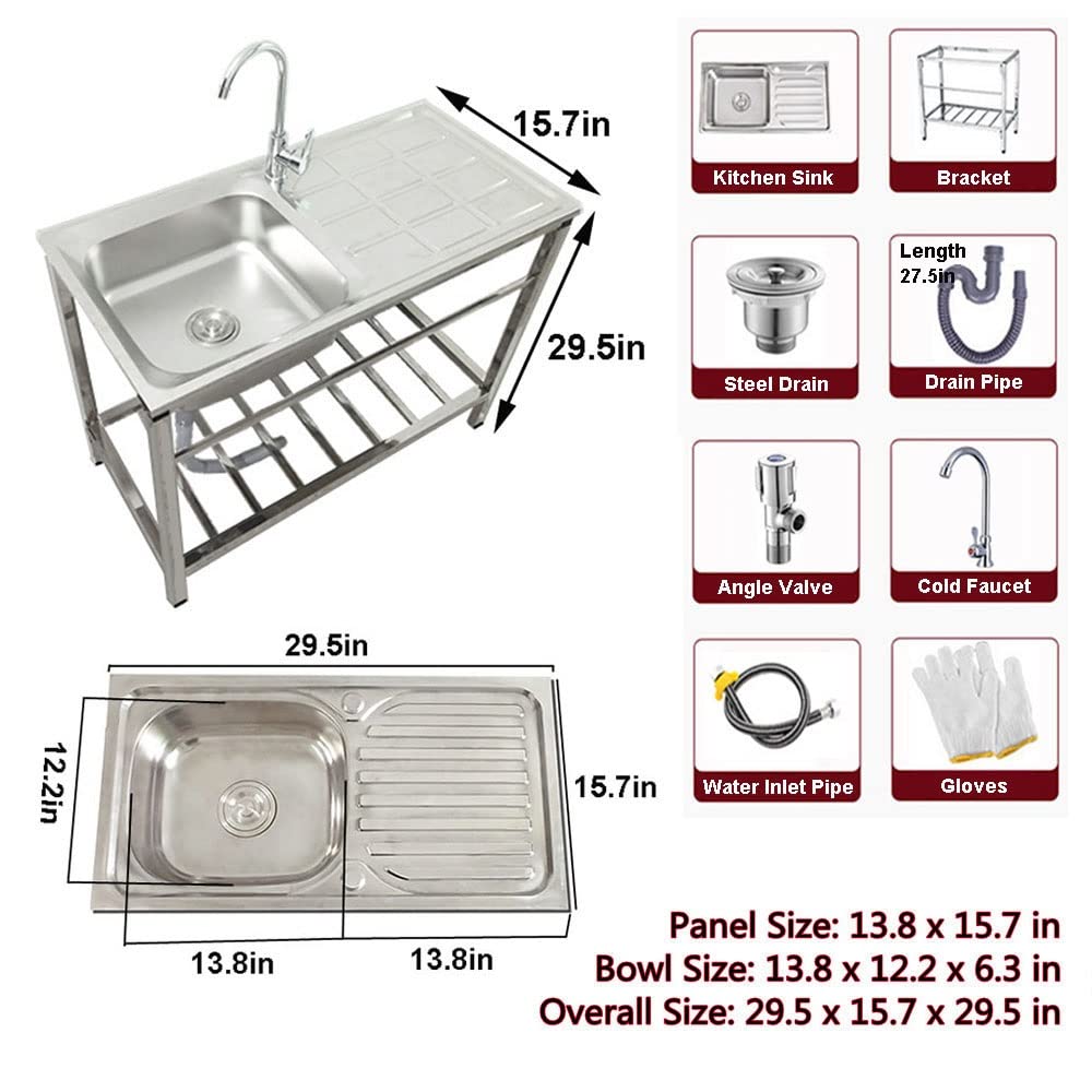 ZHXIPP Freestanding Kitchen Sink Commercial Stainless Steel Single Bowl Sink with Storage Shelves Restaurant Sink Utility Utility Washing Hand Basin 29.5 x15.7 X 29.5 in (Silver)