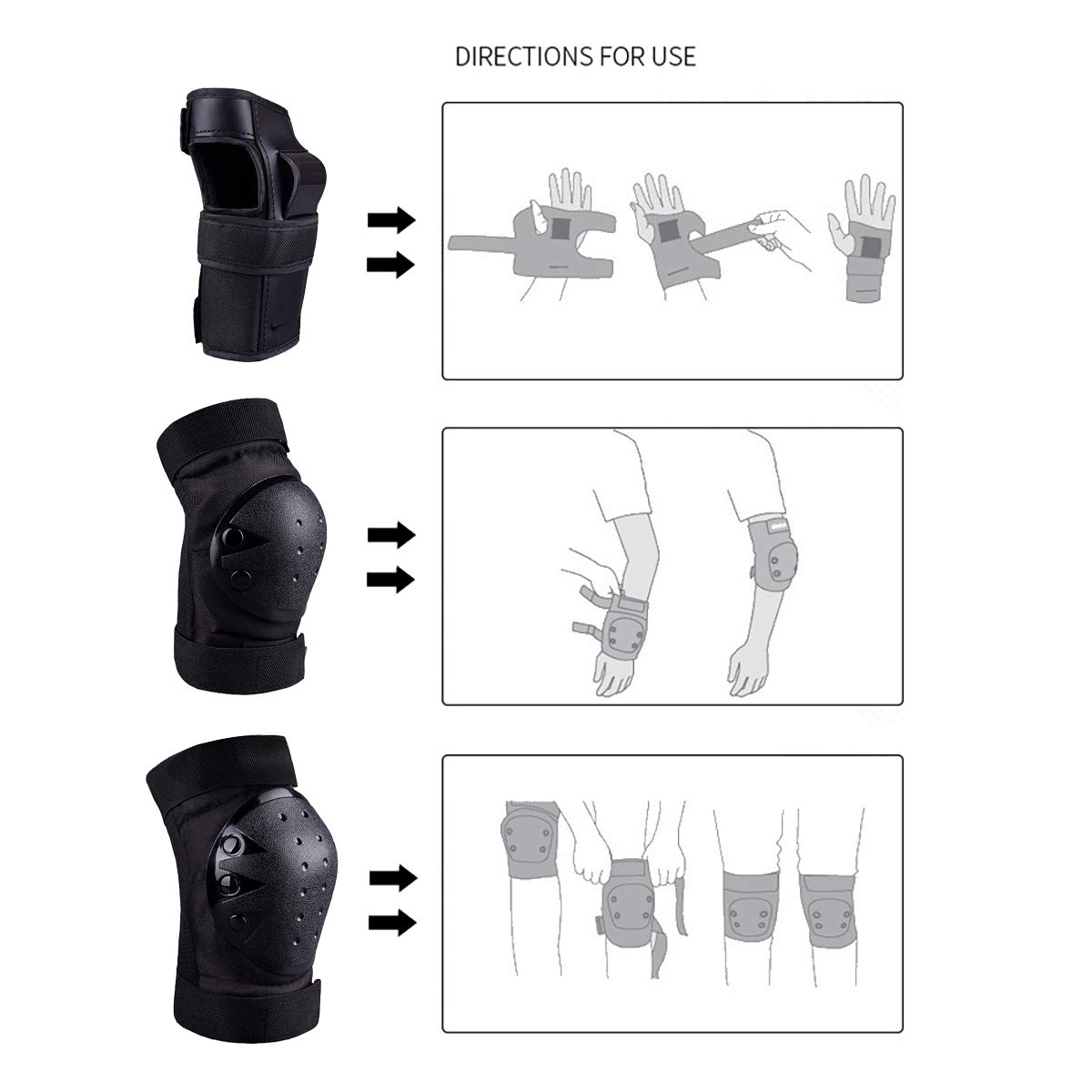 QiSa Adult/Child Knee Pads Elbow Pads Wrist Guards 3 in 1 Protective Gear Set for Skateboarding, Roller Skating, Rollerblading, Snowboarding, Cycling (BLACK, Large)