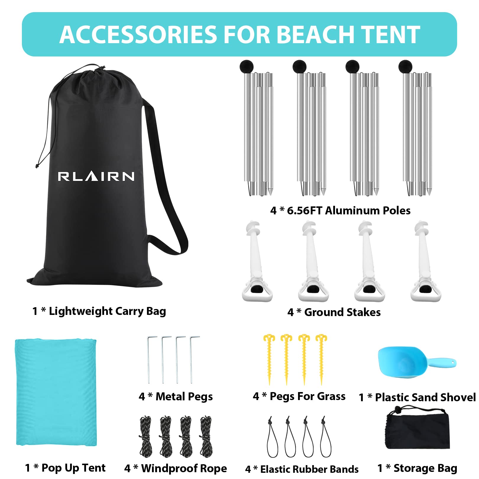 RLAIRN Beach Canopy Tent Sun Shade, RLAIRN Portable Beach Sun Shelter UV Protection Beach Shade Easy Setup with Poles for Beach, Camping, Backyard, Picnics (Turquoise)