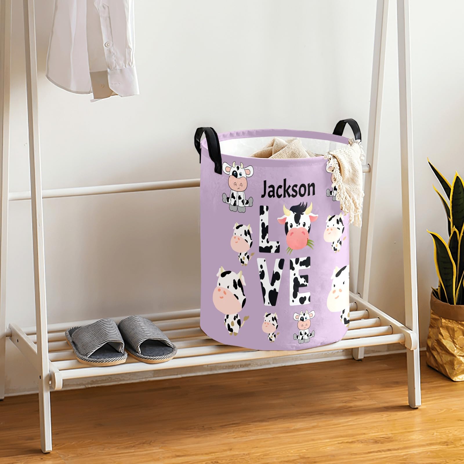 Purple Love Cow Laundry Basket Personalized with Name Laundry Hamper with Handle Organizer Storage Bin Bedroom Decor for Boys Girls Adults