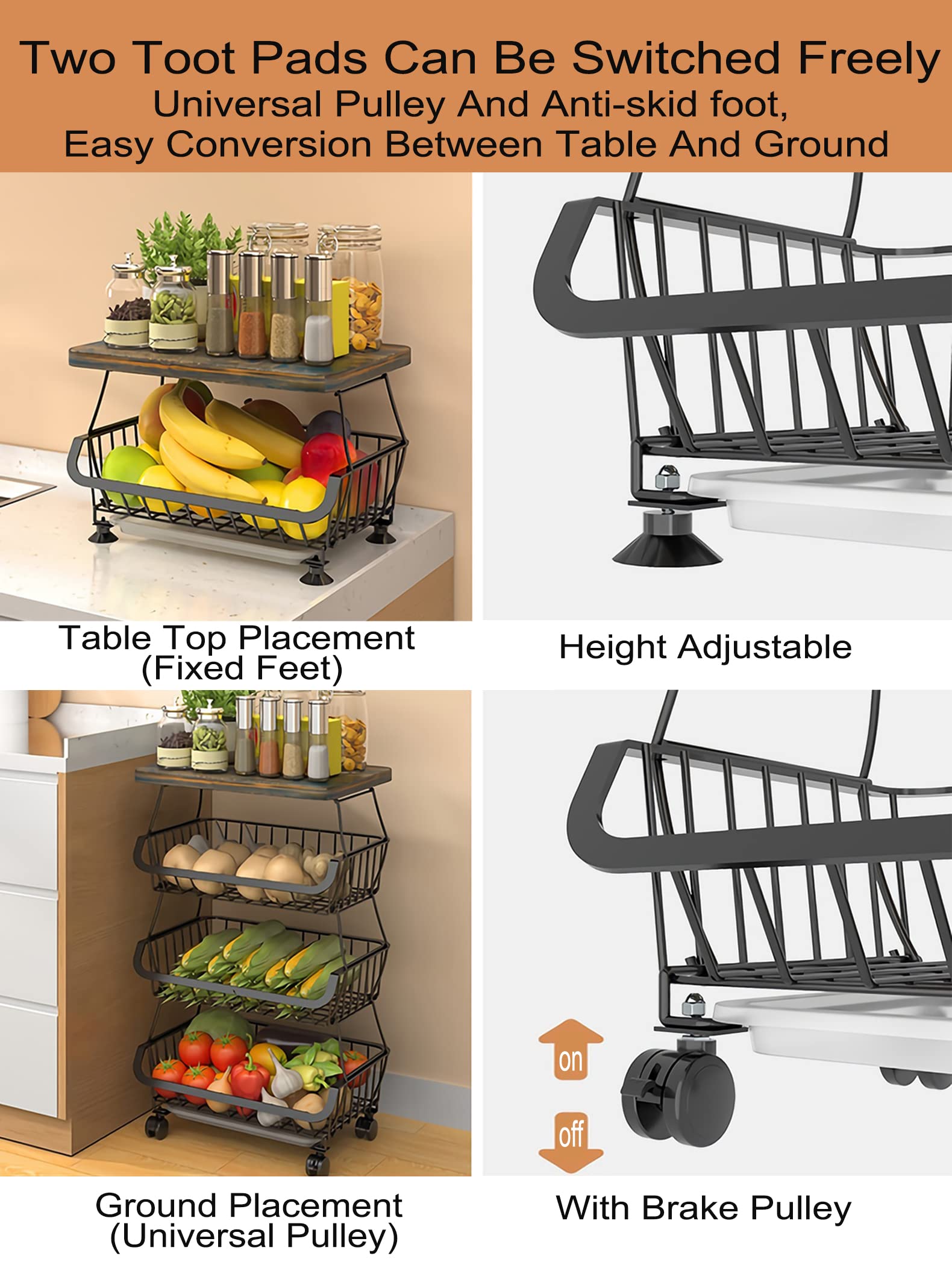 MURRI&MURRDI Kitchen Storage Cart with Top, 5 Tier Rolling Cart with Wheels Rolling Rack Storage Cart for Pantry, Can be Used as Kitchen Cart Fruit Basket Stand for Kitchen (Black, 5 Layer)