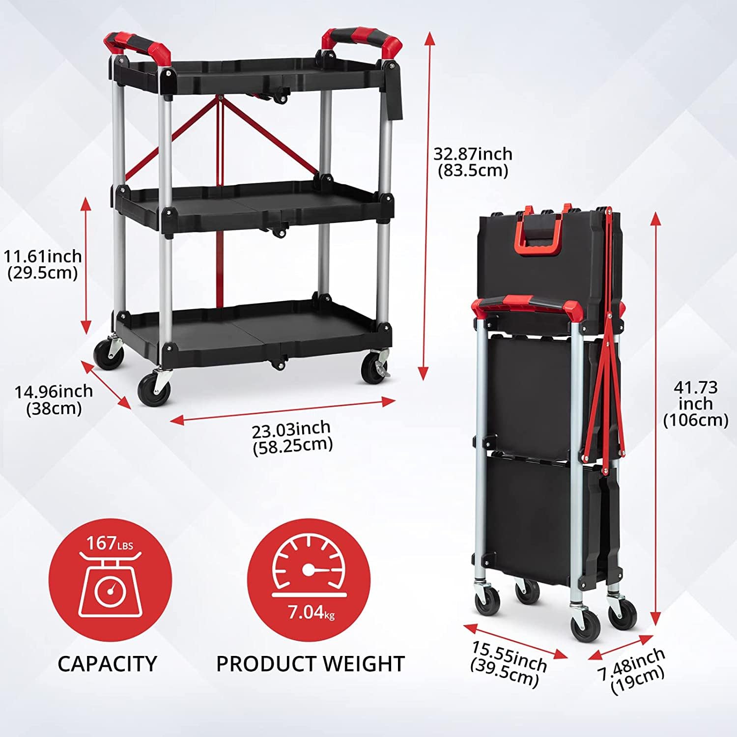 Portable Folding Service Cart, 3-Tier Fold Up Rolling Cart, Collapsible Push Cart with Wheels, 56 Lbs Load Capacity per Shelf Folding Utility Carts for Home/Office/Warehouse