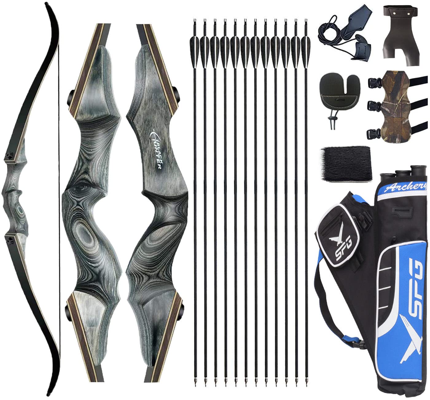 Vogbel 60'' Archery Bow and Arrows Set for Adults Black Hunter Takedown Recurve Bow Survival Bow Hunting Longbow Bamboo Core Limbs for Right Handed Shooters Target Shooting Practice(50lb),Grey