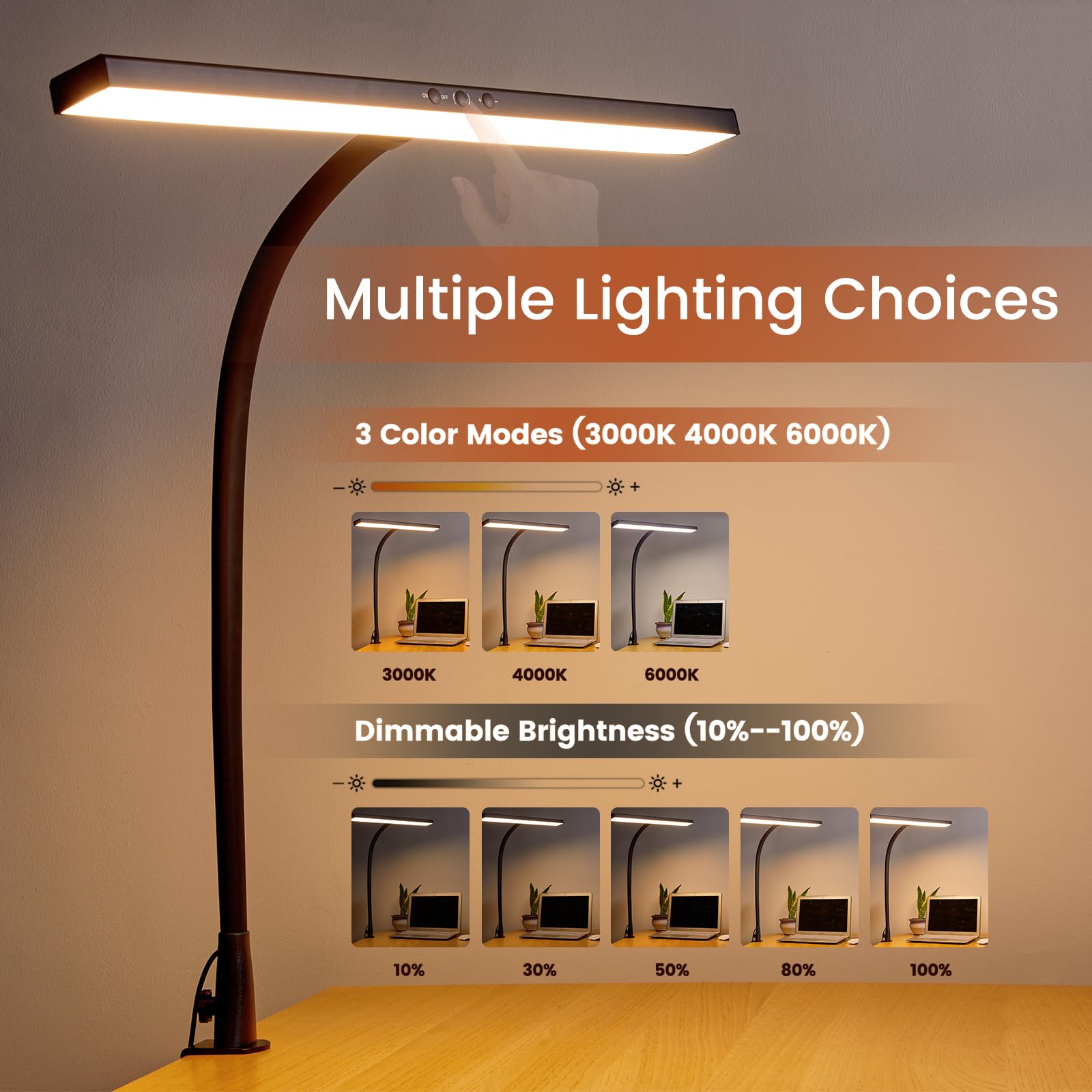 NovoLido LED Desk Lamp with Clamp, 23" Wide Desk Light for Home Office, 20W Brightest, 2000LM, 3 Color Modes & Dimmable Brightness with Touch Control, Tall Flexible Light for Monitor Studio Reading