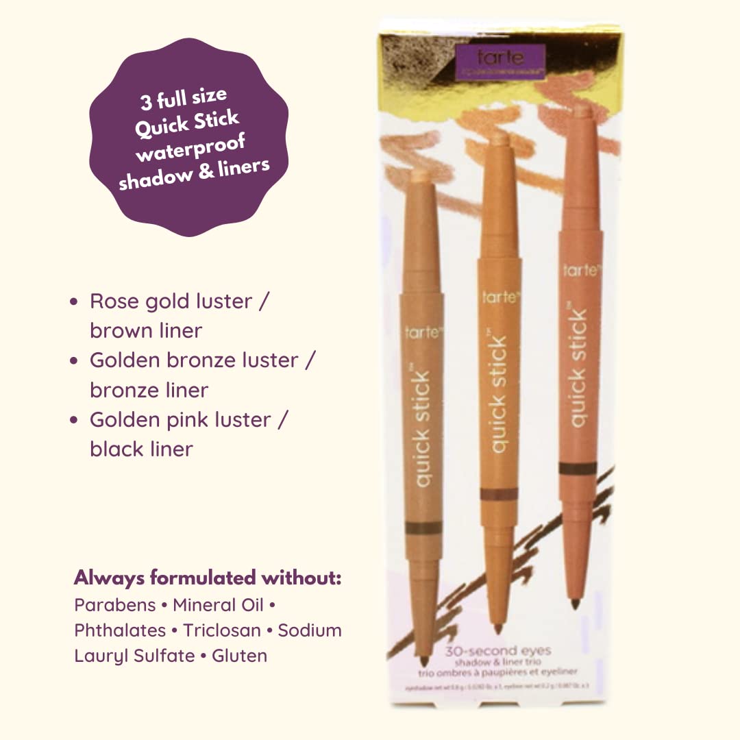 Tarte Cosmetics Holiday 30-Second Eyes Shadow and Liner Trio - Rose Gold Luster, Golden Pink Luster, Golden Bronze Luster,, 3 Count (Pack of 1)