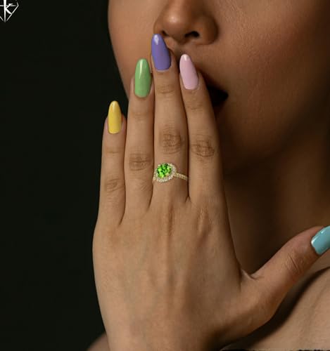 Takar Dainty 14k Yellow Gold Round Cut Genuine Peridot and Diamond Engagement Band Ring (Size 6.75)