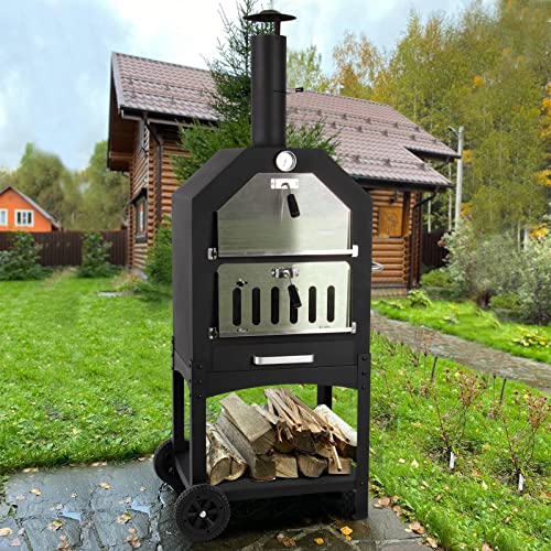 Outdoor Pizza Oven Wood Fired Pizza Oven Patio Portable Pizza Maker Cooking Grill with Wheels Waterproof Cover for Backyard Camping