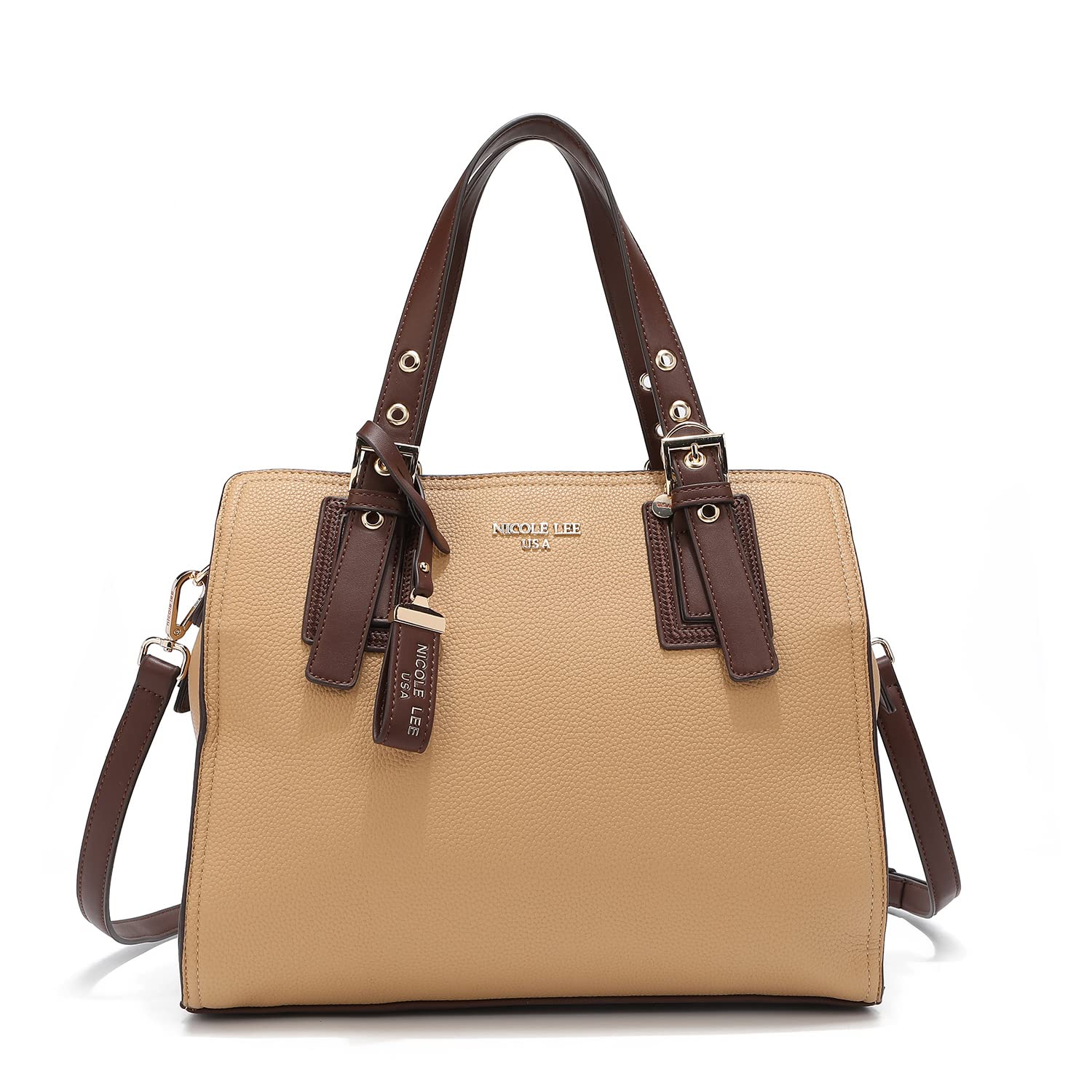 Nicole Lee Isabel Structured Satchel, Medium Shoulder Handbag with Detachable Crossbody Strap and Designer Logo Strap (Beige)