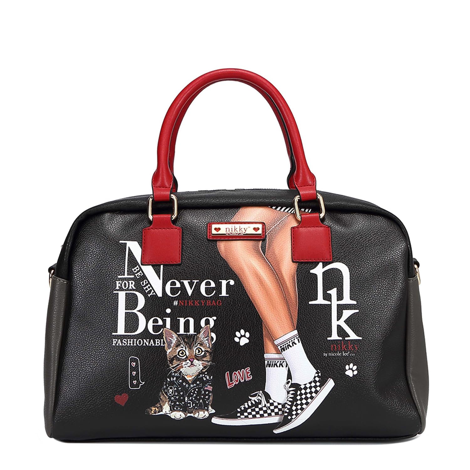 Nicole Lee Nikky Never Be Shy Boston Bag, Medium Vegan Leather Doctor Style Handbag, Black/Red, Kitty Cat Fashion Print