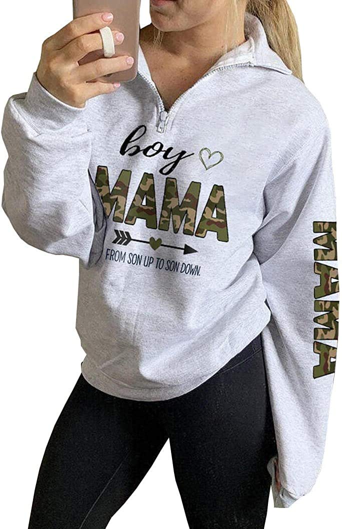 QYZ-Top Women Mama Boy Zip Up Pullover Sweatshirt Jacket High Collar Quarter 1/4 Zip Coat white 2xl